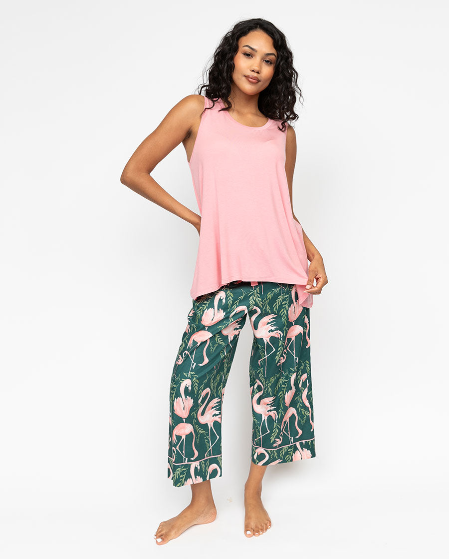 Ivy Womens Flamingo Print Wide Leg Cropped Pyjama Bottoms - Cyberjammies
